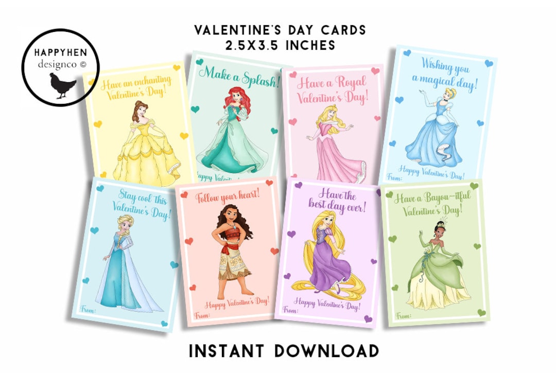 Princess Valentine's Day Cards Printable Digital 2.5x3.5 Kids Classroom ...