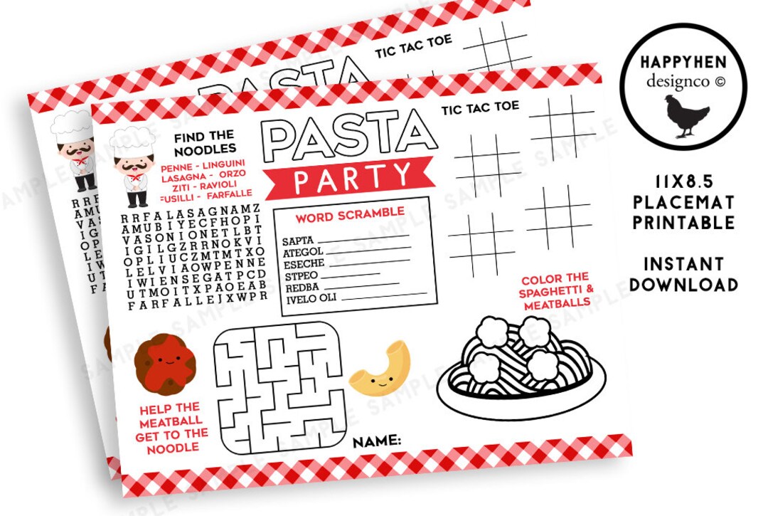 Pasta Activity Placemat Digital Instant Download Printable Meatball ...