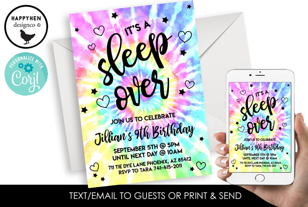 Editable Sleep Over Birthday Invitation Invite Tie Dye Slumber Digital ...