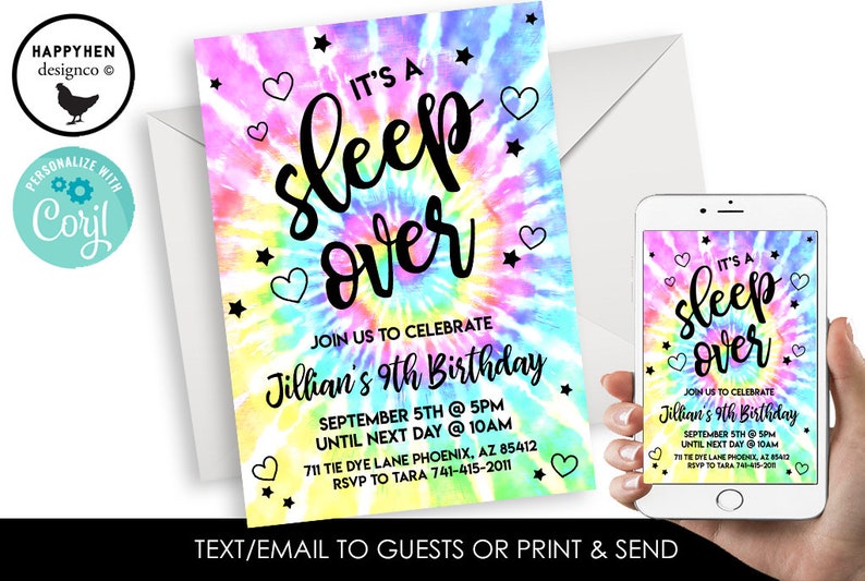 Editable Sleep Over Birthday Invitation Invite Tie Dye Slumber Digital ...
