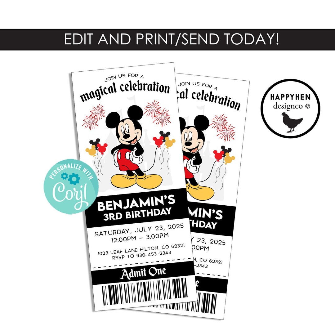 Editable Mickey Ticket Birthday Invitation Invite Digital 3x7 Instant ...