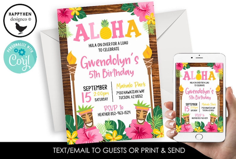 Editable Luau Birthday Invitation Invite Digital 5x7 Aloha Hawaiian ...