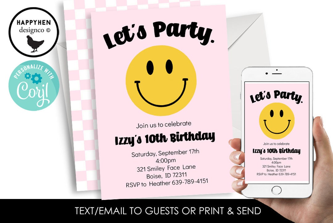 Editable Smile Face Birthday Invitation Girls Pink Digital 5x7 Let's ...