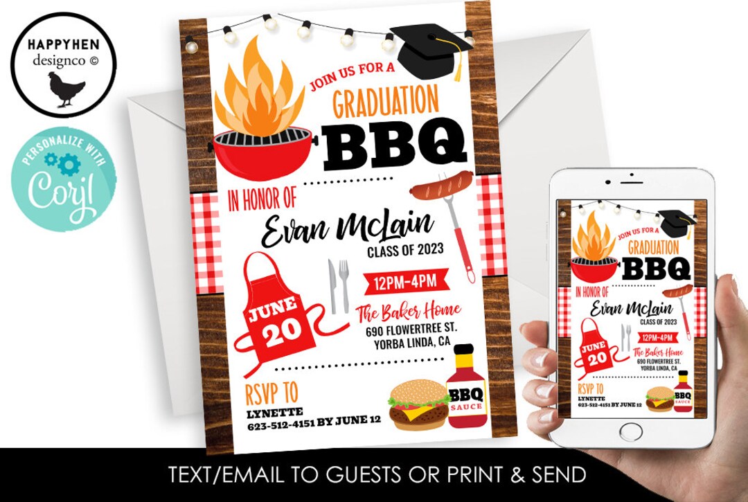 Editable Graduation BBQ Invitation Invite 5x7 Digital Cookout Backyard ...