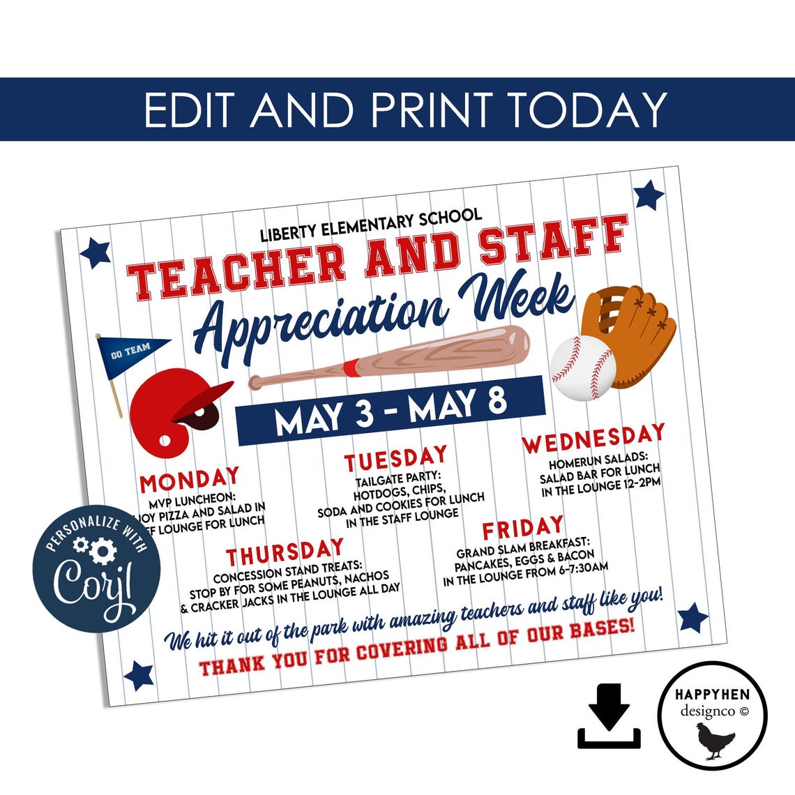Editable Teacher Appreciation Week Flyer Baseball Themed Template ...