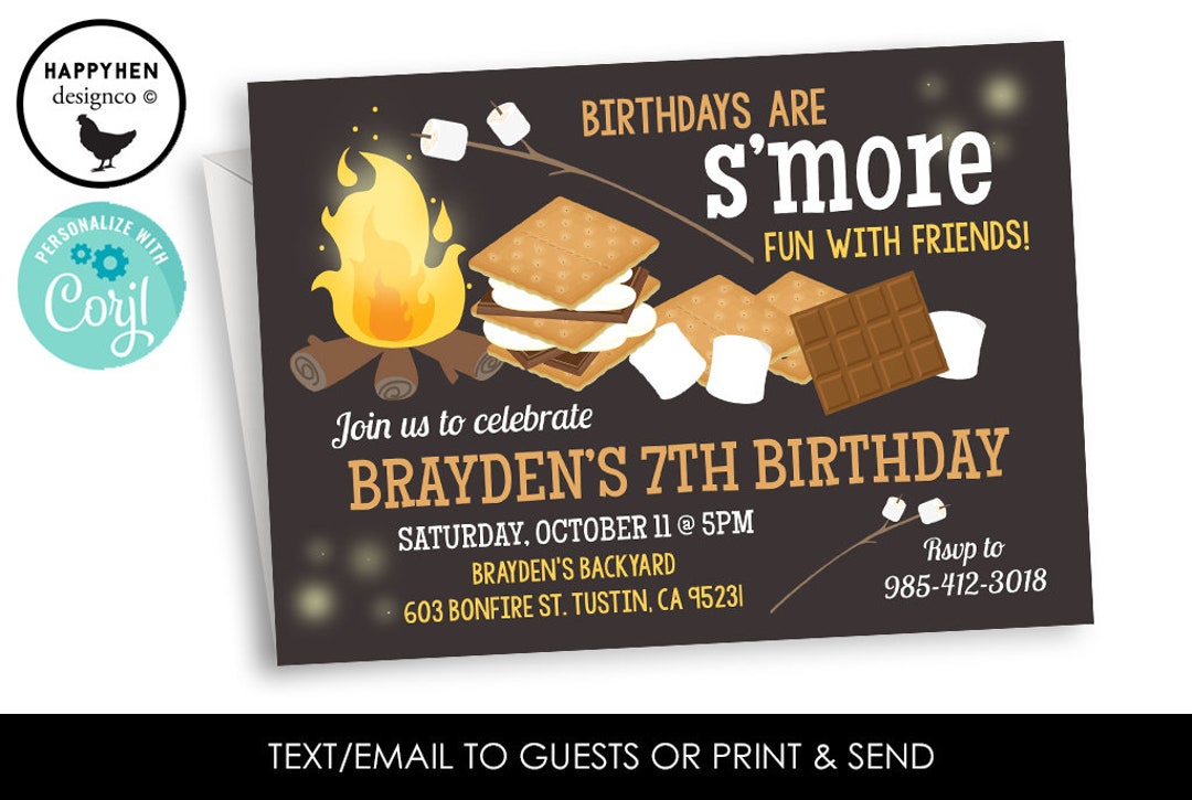 EDITABLE S'more Birthday Invite Invitation Kids Digital Boy Girls 7x5 ...