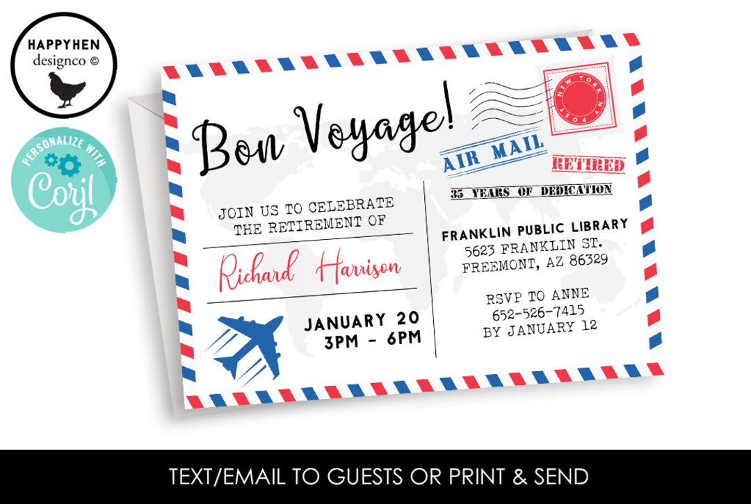 Editable Postal Retirement Invitation Invite Travel Party Digital ...
