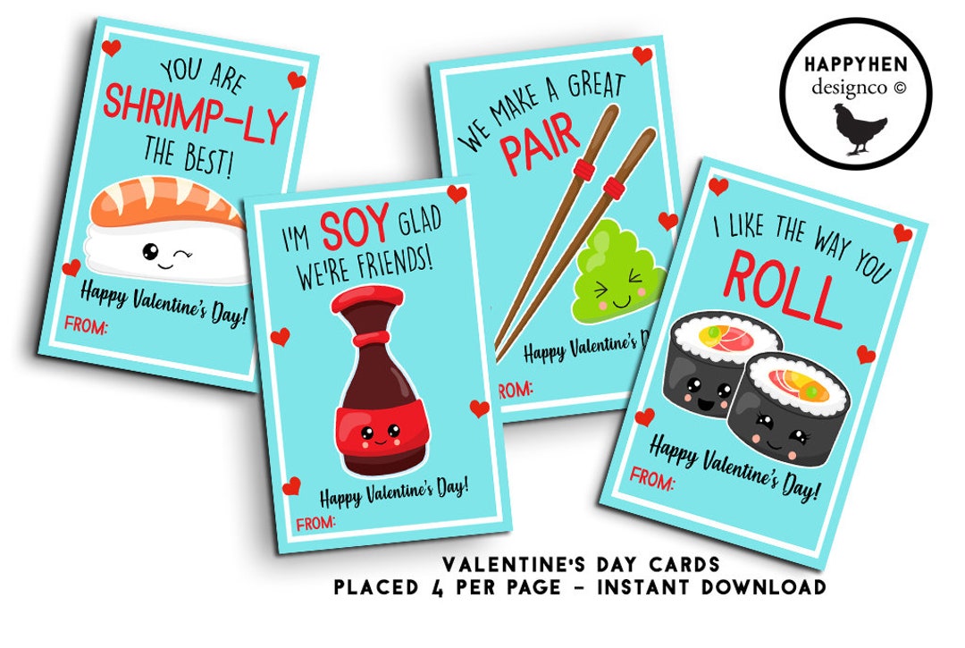 Sushi Valentine's Day Printable Instant Download Kids Classroom ...