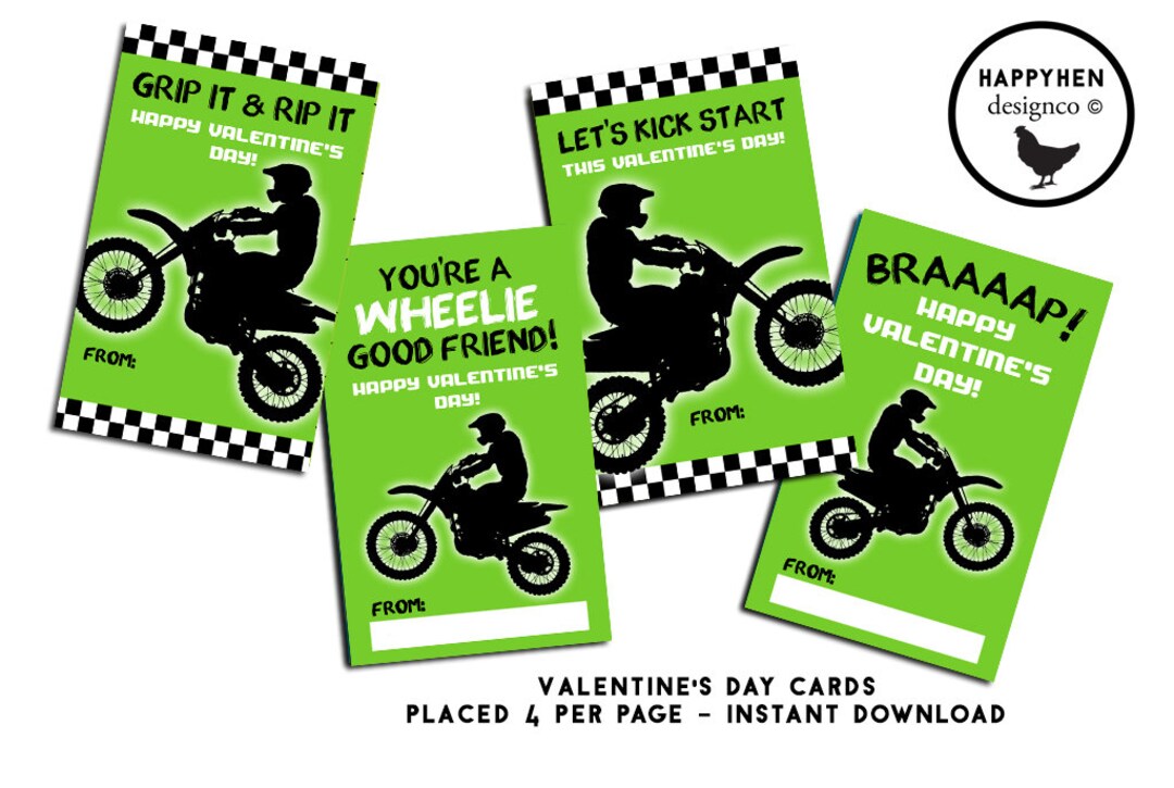 Dirtbike Valentine's Card Kids Day Green Dirt Bike Digital Printable ...