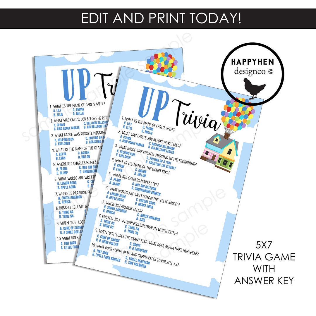 UP Trivia Game Printable 5x7 Instant Download Party Games Movie ...