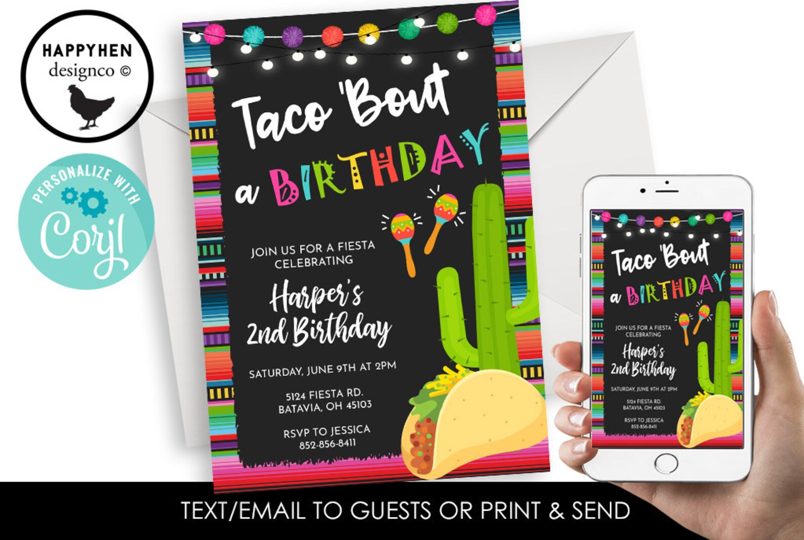 Editable Taco Bout a Birthday Invitation Invite Fiesta Girls Boys ...