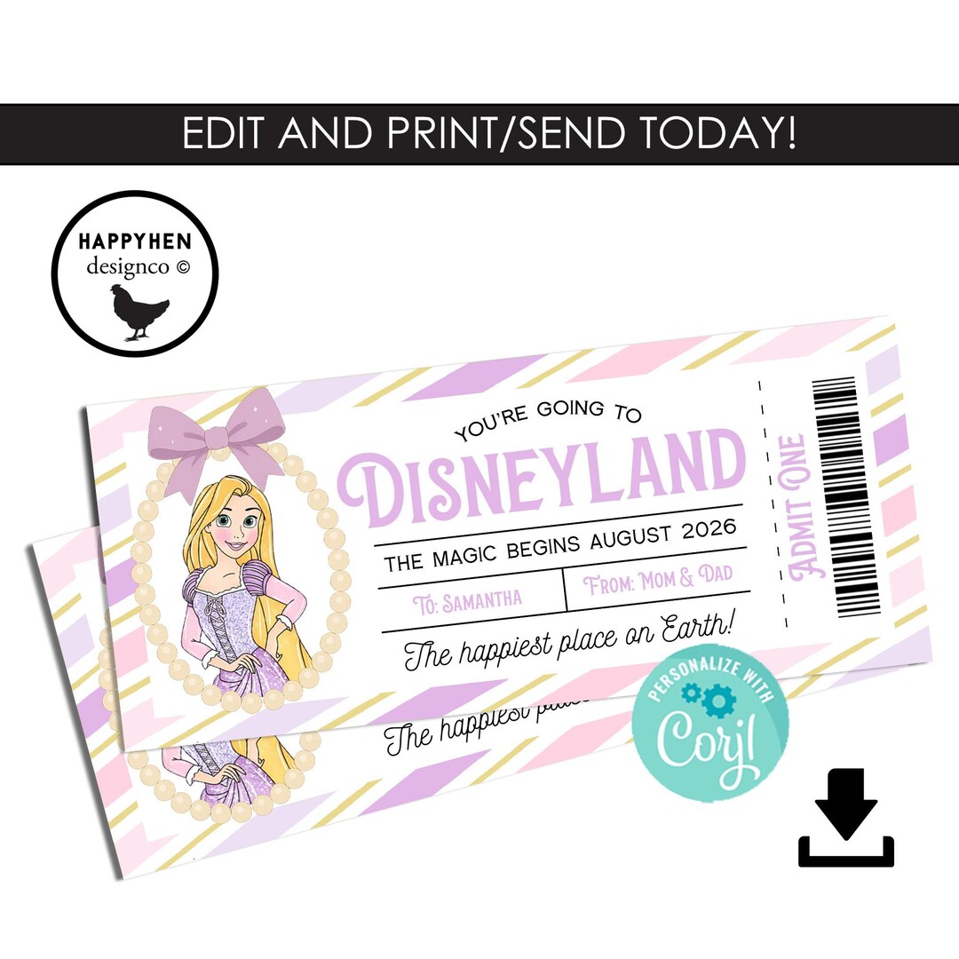 Editable Rapunzel Disneyland Ticket Reveal Going to Theme Park Surprise ...