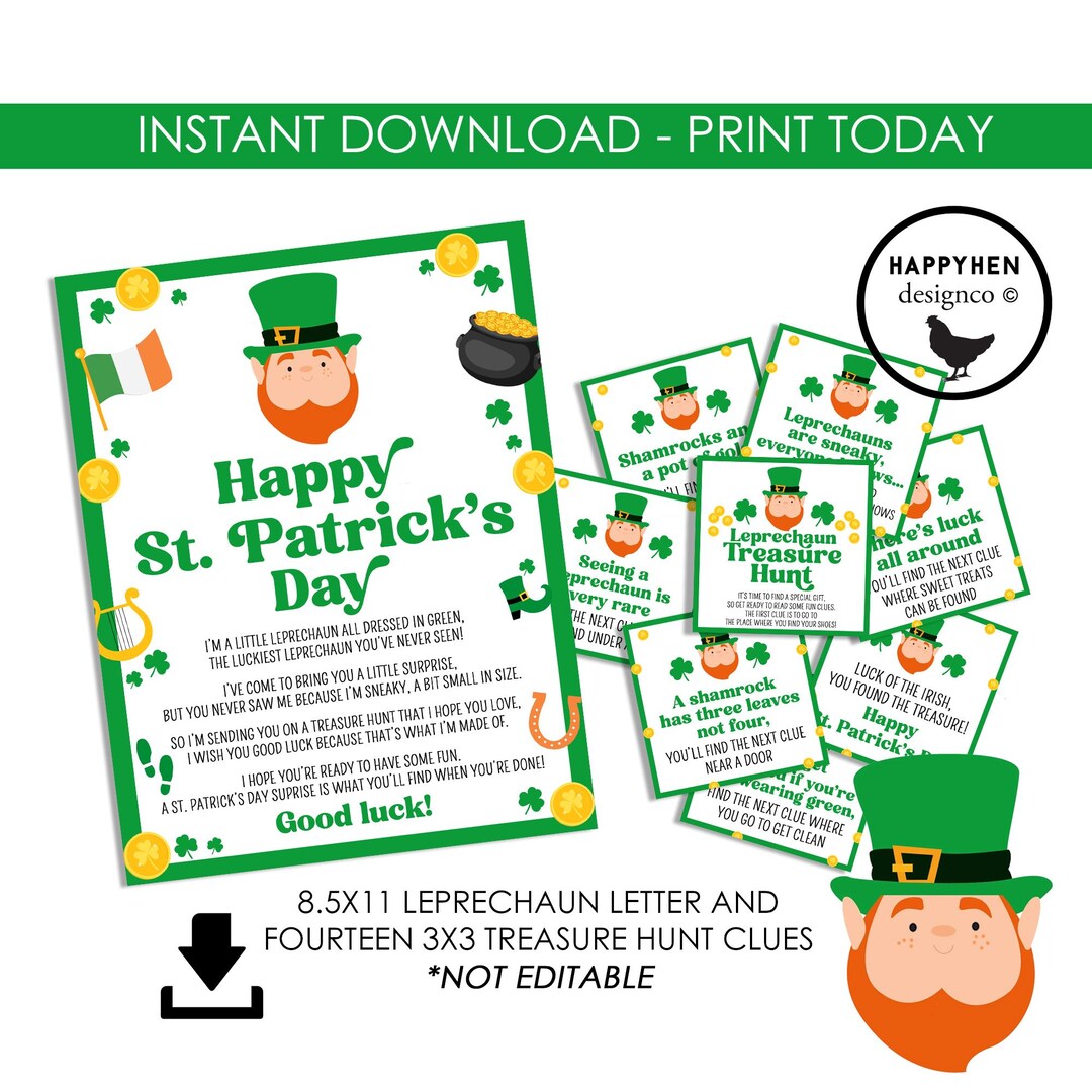 St Patricks Day Treasure Hunt Scavenger Clues Printable Digital Instant ...