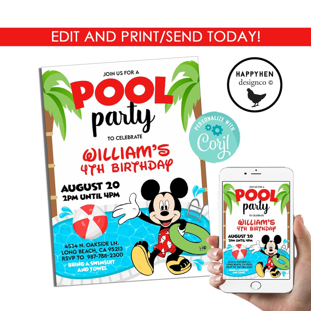Editable Mickey Mouse POOL Party Invite Invitation Digital 5x7 Template ...