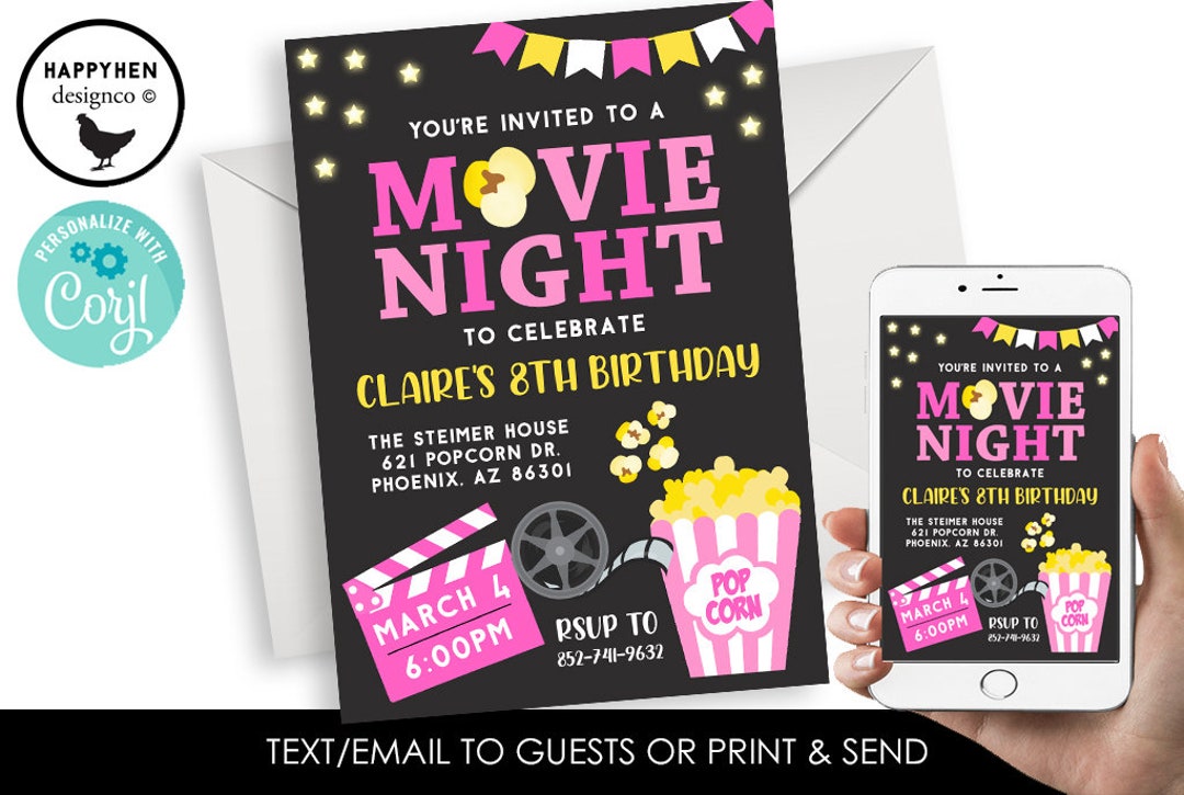 Editable Movie Night Invite Invitation Birthday Digital Kids Girls Pink ...