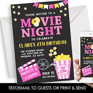 Editable Movie Night Invite Invitation Birthday Digital Kids Girls Pink ...