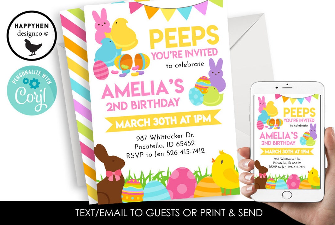 Editable Easter Birthday Invitation Invite Peeps Bunny Kids Digital 5x7 ...