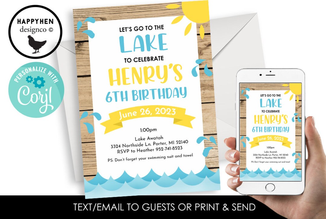 Editable Lake Birthday Invite Invitation Digital 5x7 River Kids Adult ...
