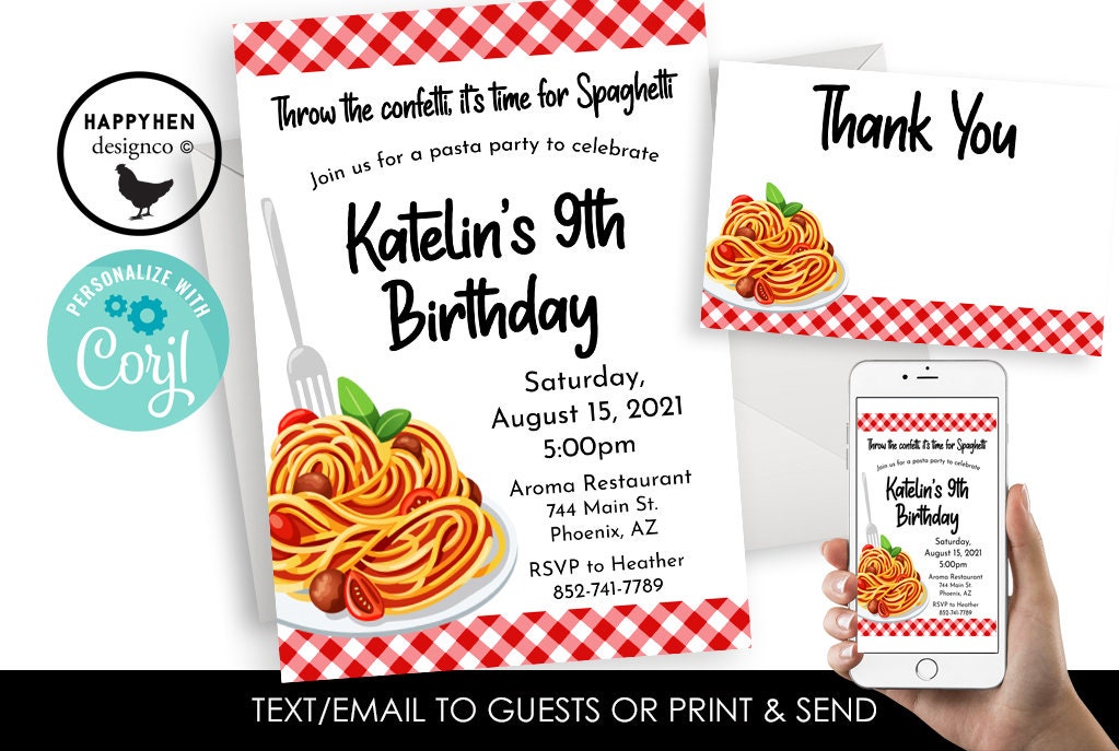 Editable Spaghetti Birthday Invitation Invite Digital 5x7 - Etsy