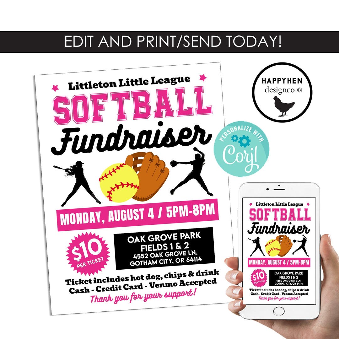 Editable Softball Fundraiser Flyer Template 8.5x11 PINK Instant ...
