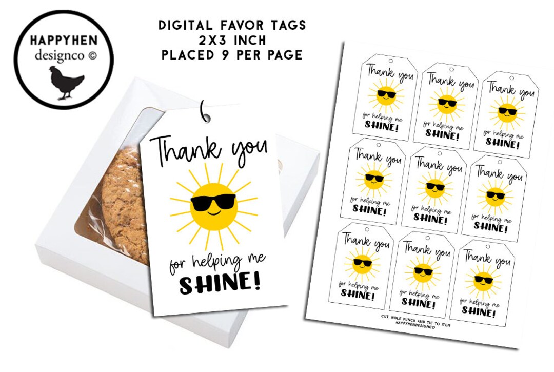 Teacher Gift Tags Tag Sun Thank You for Helping Me Shine Digital ...