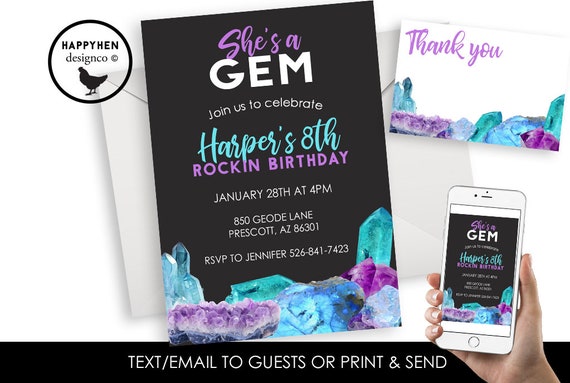 Paper Invitations Diamond Birthday Gemstone Invitation Editable Gemstone Birthday Invitation ...