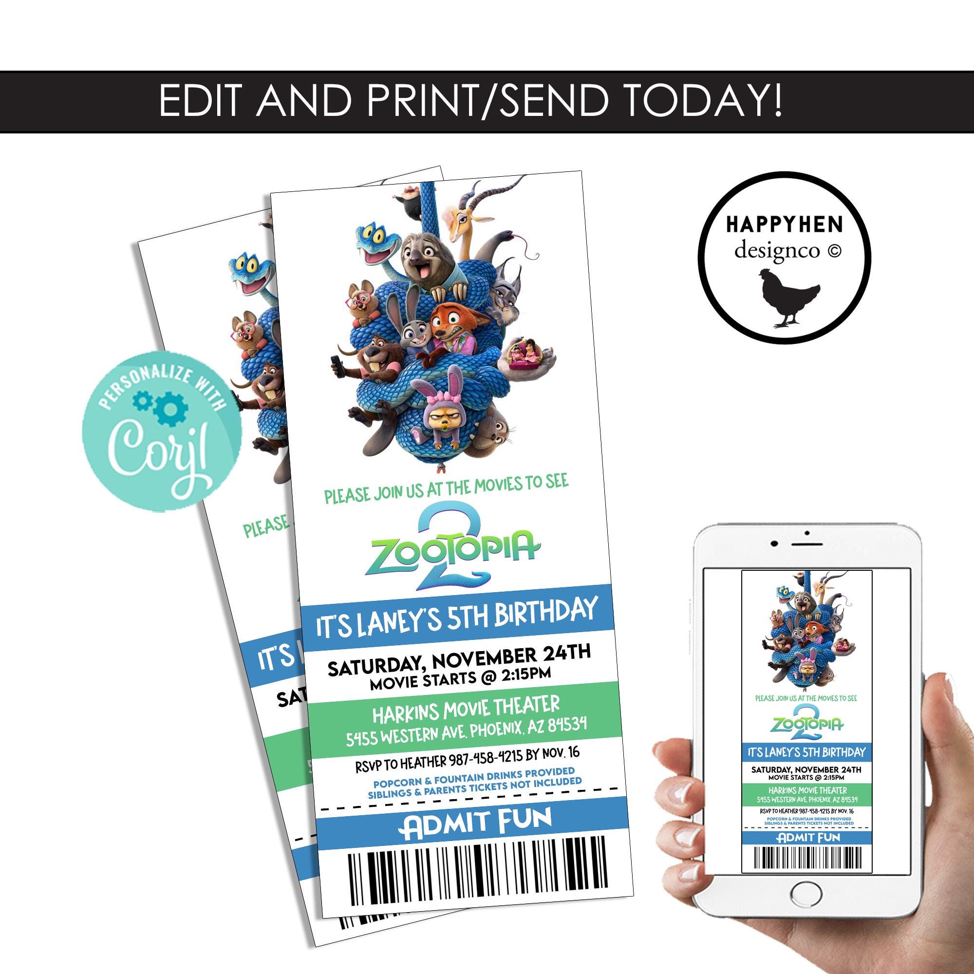 Editable Zootopia 2 Movie Ticket Birthday Invitation Invite Digital ...