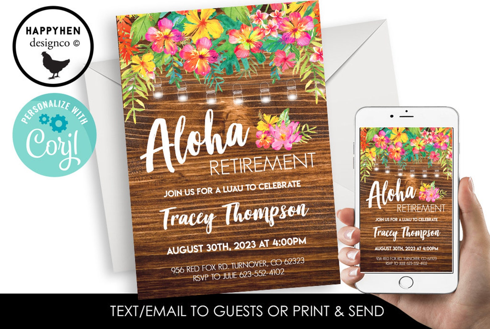 Editable Aloha Retirement Invite Invitation Digital Wood Watercolor ...