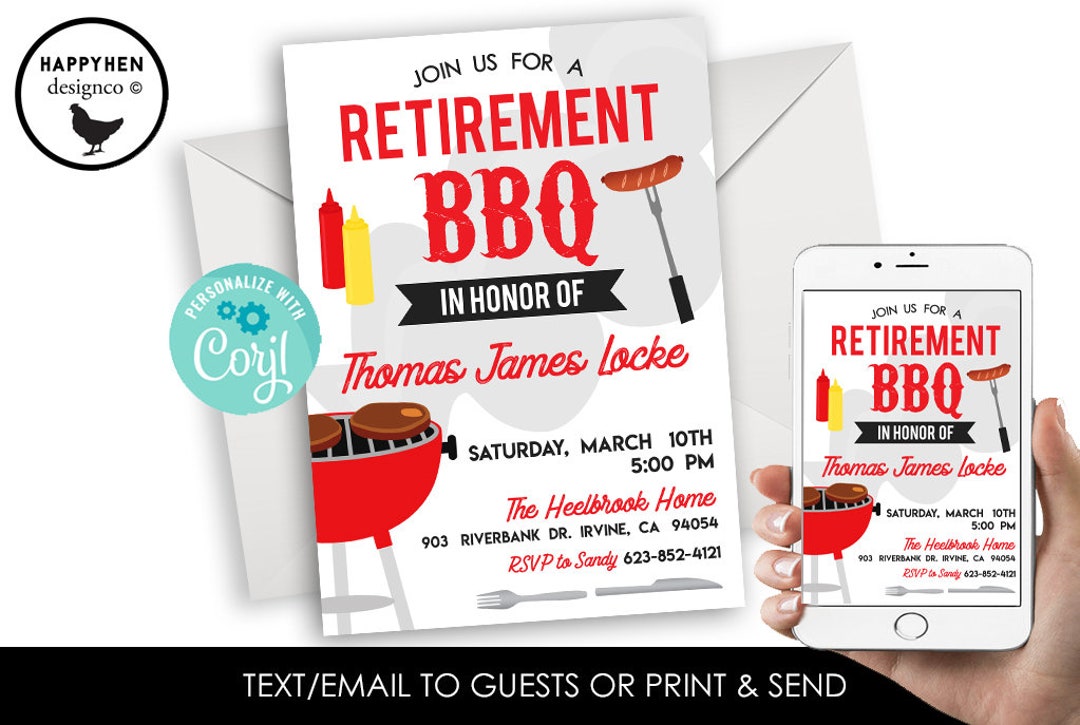 Editable Retirement BBQ Invitation Invite Digital 5x7 Men Grill Chill ...