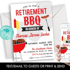 Editable Retirement BBQ Invitation Invite Digital 5x7 Men Grill Chill ...