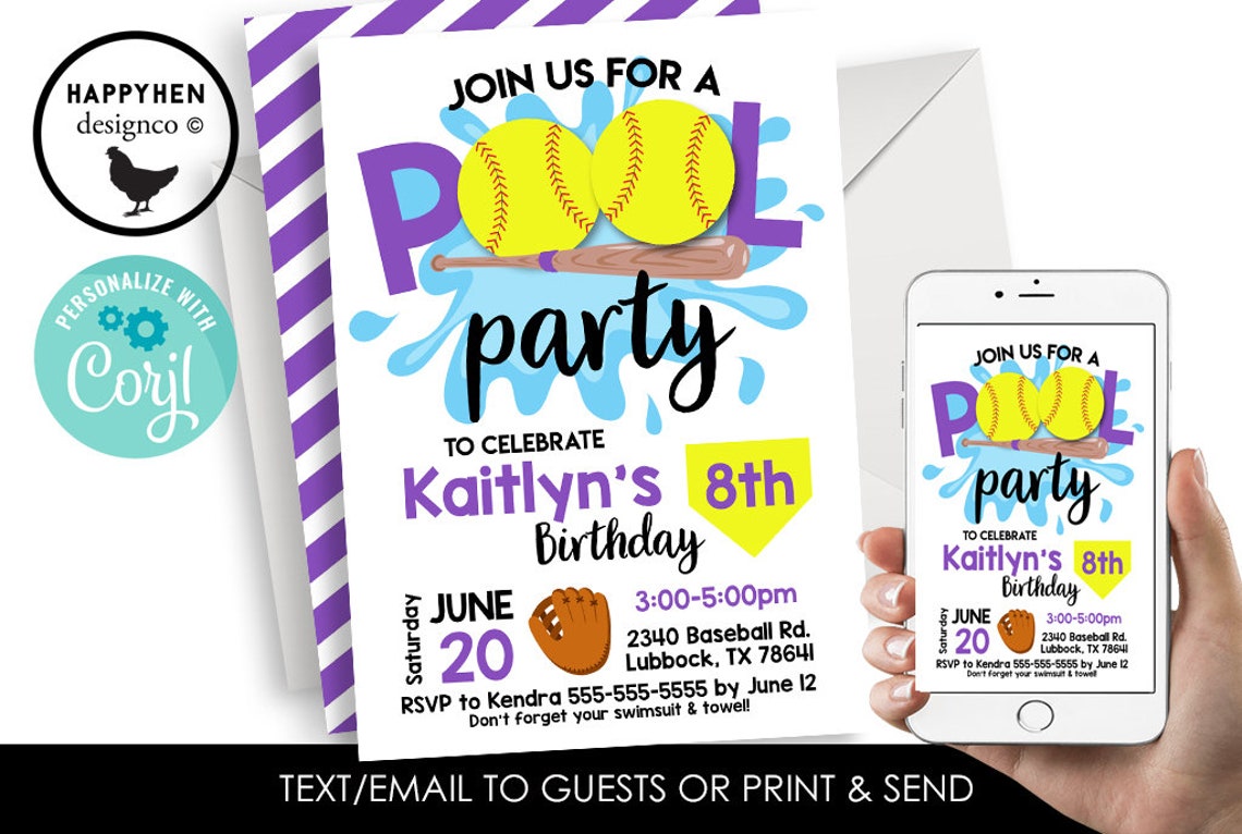 Editable Softball Pool Party Invite Invitation Digital 5x7 Birthday ...