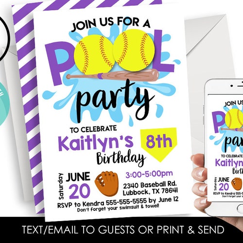 Softball Birthday Invitation Pool Party Editable Softball - Etsy