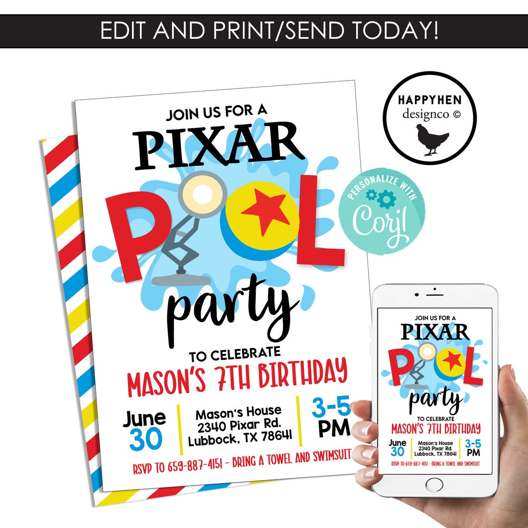 Editable Pixar Pool Party Invitation Invite Digital 5x7 Birthday Party ...
