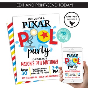 Editable Pixar Pool Party Invitation Invite Digital 5x7 Birthday Party ...
