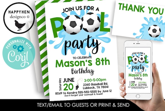 Editable Soccer Pool Party Invite Invitation Digital 5x7 - Etsy