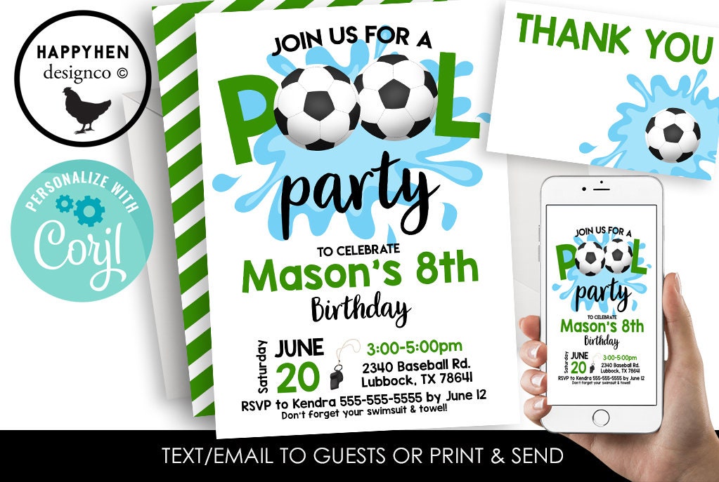 Editable Soccer Pool Party Invite Invitation Digital 5x7 Birthday Kids ...
