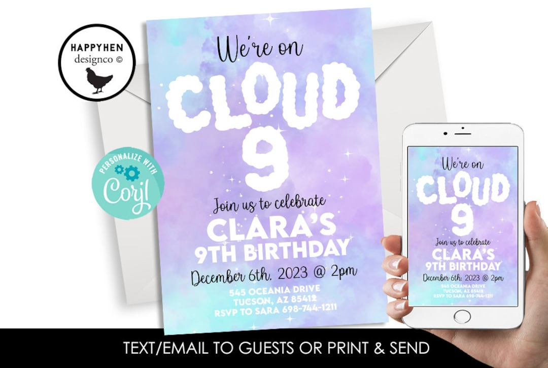 Editable Cloud 9 Birthday Invite Invitation Girls Nine Blue Purple ...