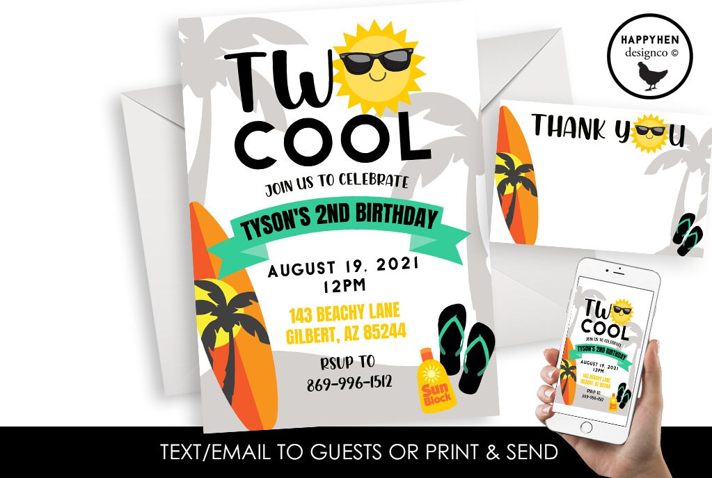 Two Cool Invitation Invite Digital Birthday Kids Beach Beachy | Etsy