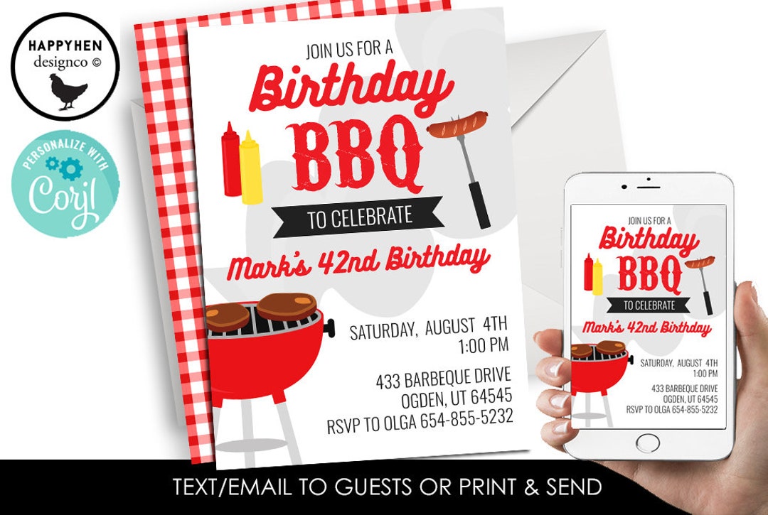 Editable Birthday BBQ Invitation Invite Adult ANY AGE Grill Chill ...