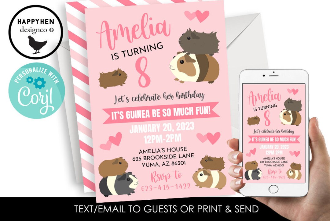 Editable Guinea Pig Invitation Invite Birthday Digital Party 5x7 Girls ...