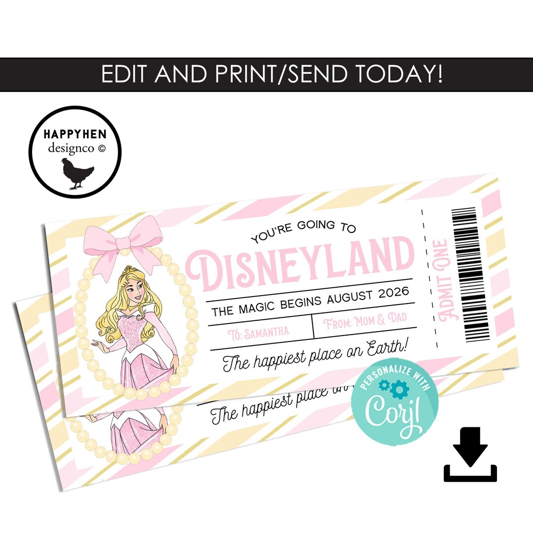 Editable Princess Aurora Disneyland Ticket Reveal Going to Theme Park ...