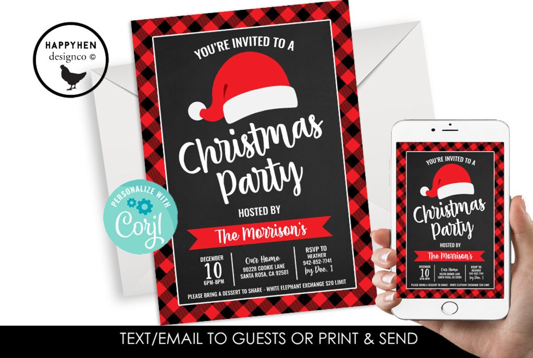 Editable Christmas Party Invitation Invite 5x7 Digital Plaid Holiday ...