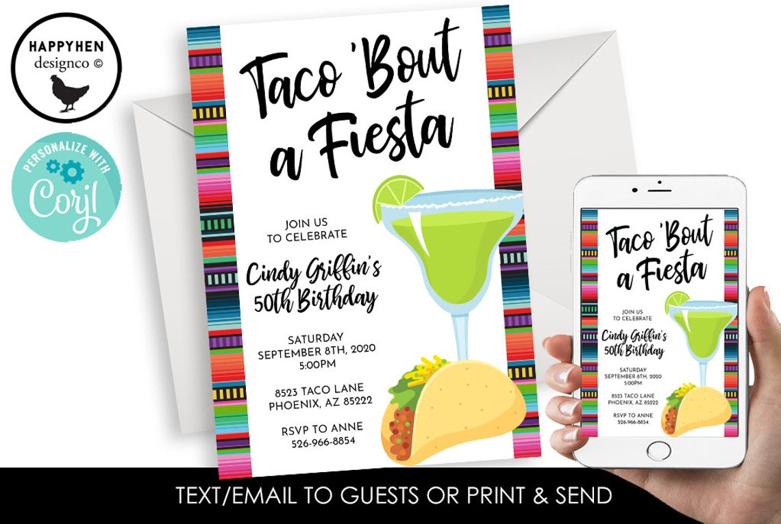 Editable Taco Bout a Fiesta Invitation Invite Digital 5x7 Birthday ...