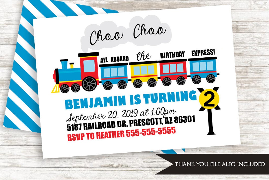 Train Invitation Invite Digital 7x5 Kids Birthday Party Primary Colors ...