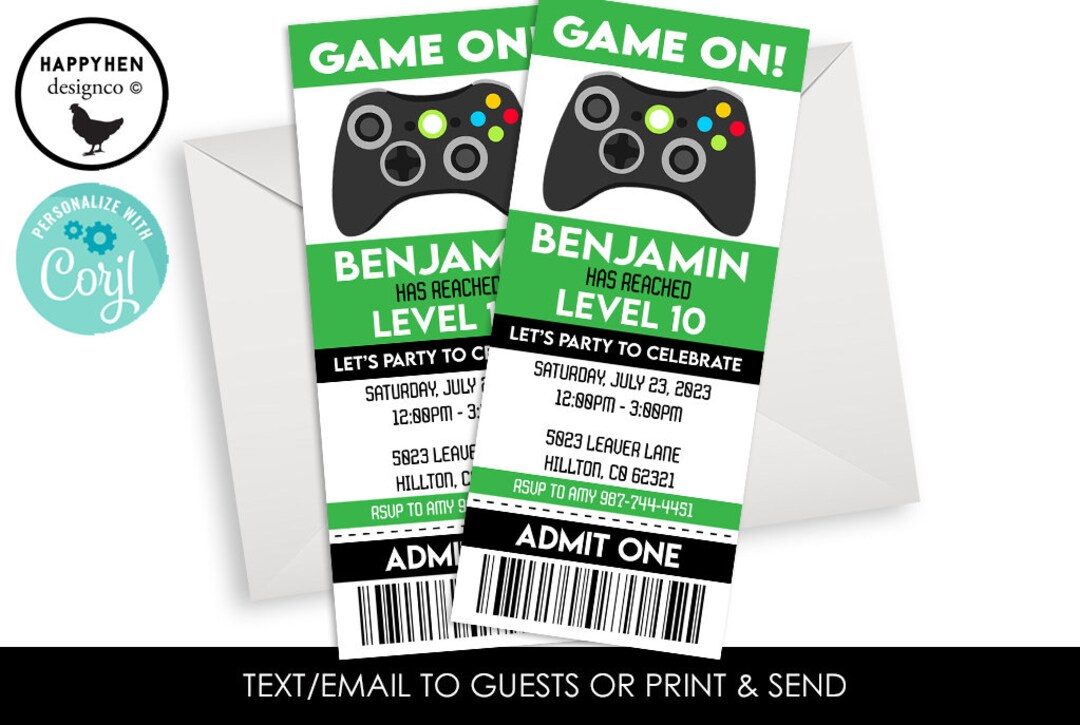 Editable Gamer Ticket Invite Birthday Game Truck Invitation Digital 3x7 ...