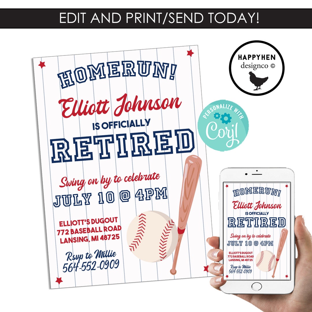 Editable Baseball Retirement Invitation 5x7 Digital Invite Party ...