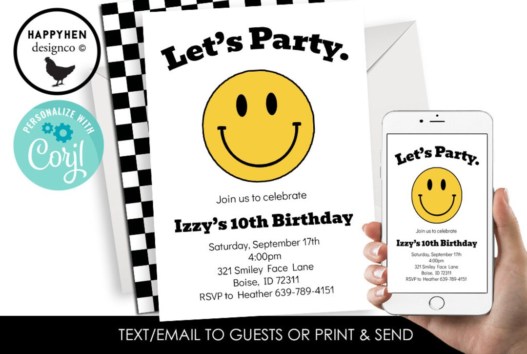Editable Smile Face Invitation Birthday Invite Kids Party Digital ANY ...