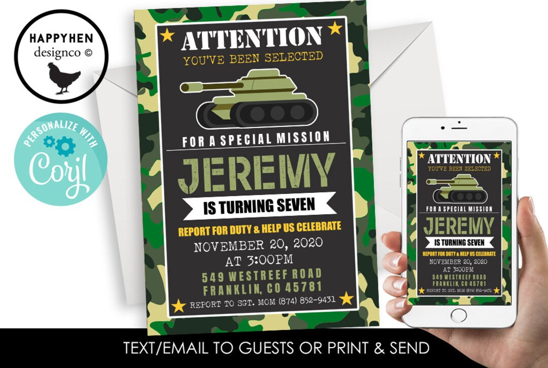 Editable Soldier Birthday Invitation Invite Digital 5x7 Army Military ...