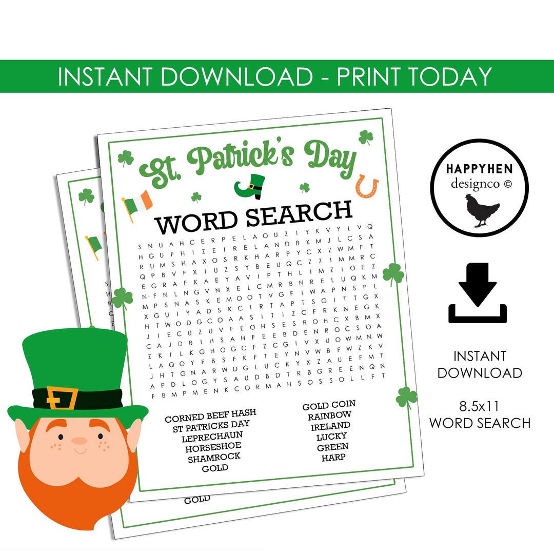 St Patricks Day Word Search Games Printable Digital 8.5x11 Game Green ...