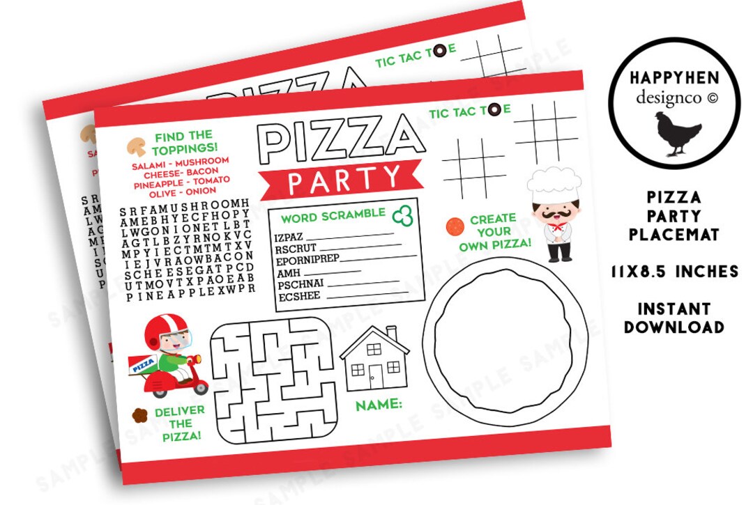 Pizza Activity Coloring Placemat Birthday Party Digital Instant ...